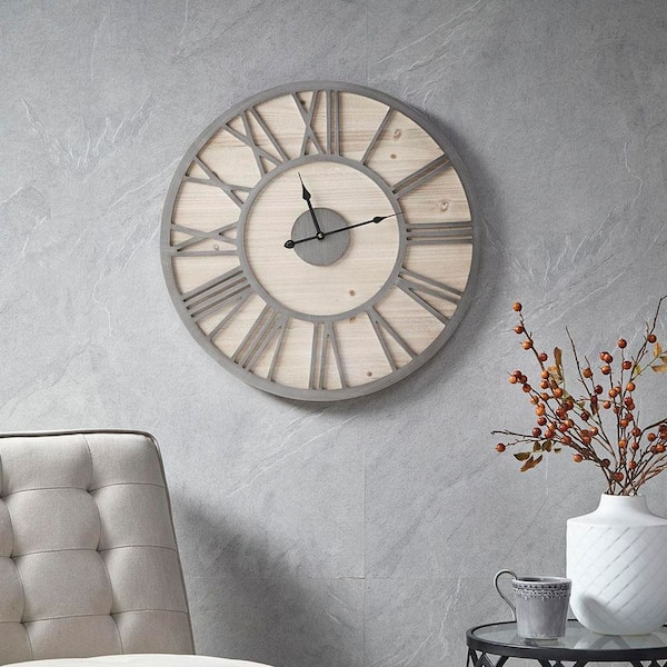 23.6 in. Round Rustic Natural and Grey Analog Wall Clock CKJY2310-NG ...