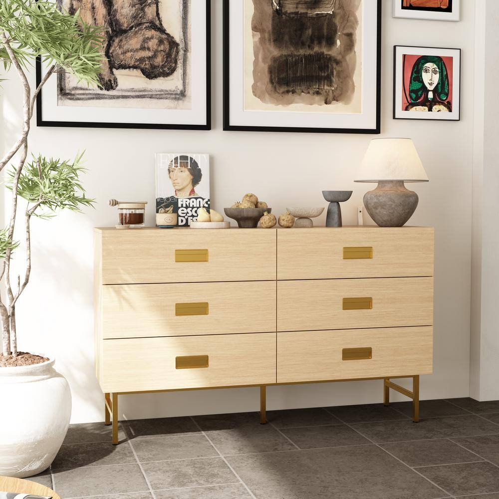 FUFU&GAGA Yellow Wooden Grain 6 Drawers 55 in. W Chest of Drawers ...