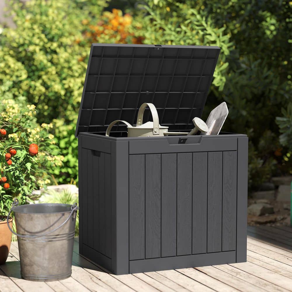 31 Gal. Black Resin Deck Box Outdoor Indoor Storage Weatherproof ...