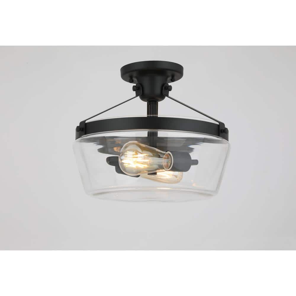 Luminosa 13 in. W 2-Light Matte Black Semi-Flush Mount Clear Glass ...