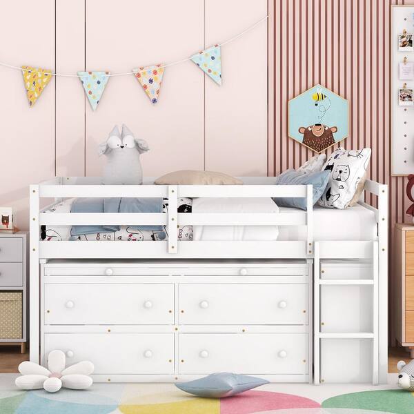 Harper Bright Designs White Full Size Wood Low Loft Bed with Retractable Writing Desktop 4 Open Compartments 4 Drawer Movable Desk QMY208AAK F The Home Depot