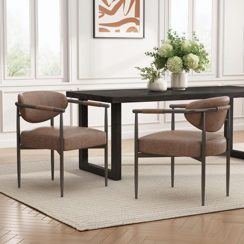 Harper & Bright Designs Modern Brown PU Upholstered Dining Chairs Arm ...