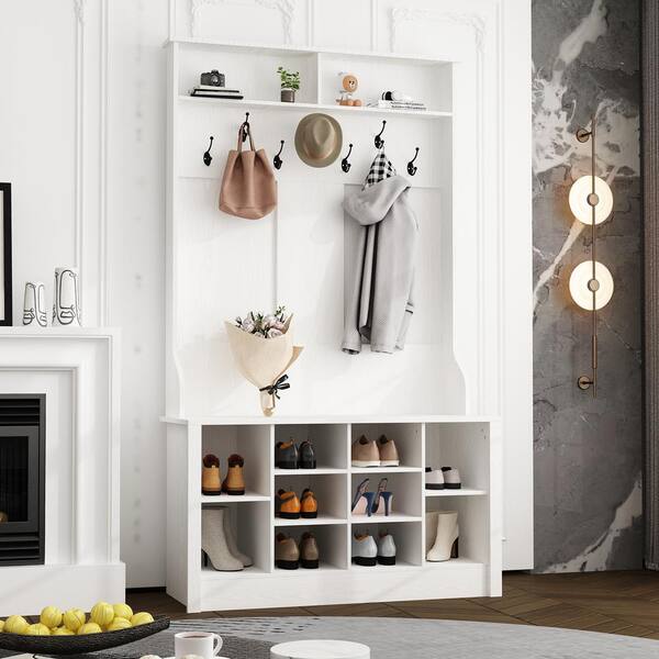 FUFU&GAGA 68.5 in. H White Wood 3-in-1 Freestanding Coat Rack Shoe ...