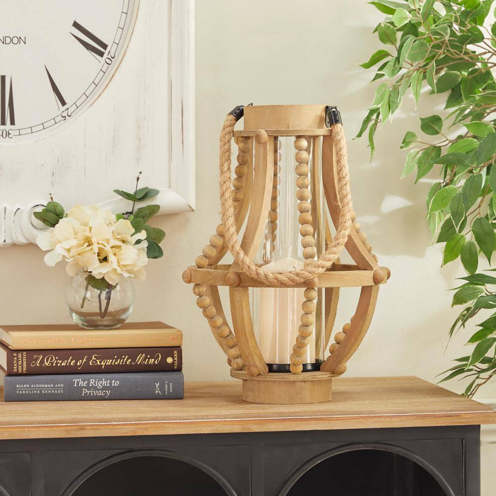 Litton Lane 16 in. H Beige Reclaimed Wood Beaded Decorative Candle ...