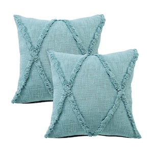 Nina Light Blue Solid Color Fringed Stonewashed 20 in. x 20 in. Indoor ...