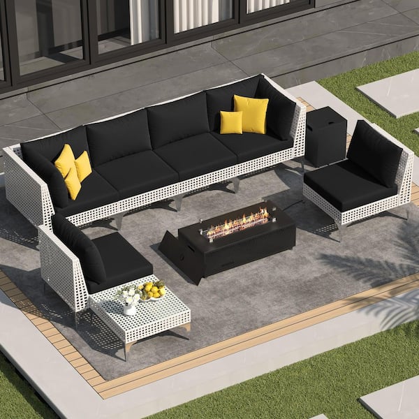 9-Piece Outdoor Fire Pit Patio Set Conversation Set with Plaid LED Fire ...