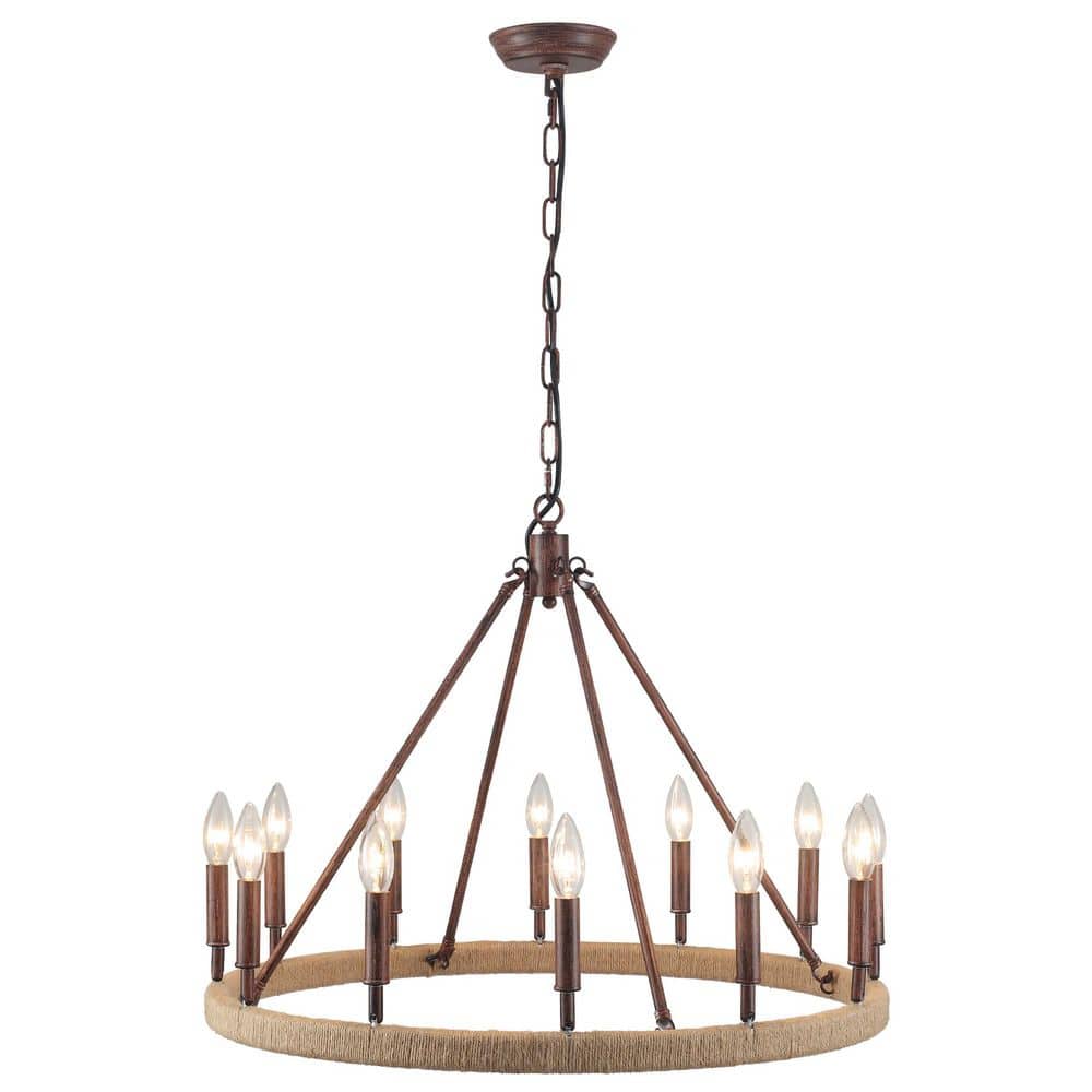 ZJVAIVE 12-Light Red Rust Classic Wagon Wheel Twine Woven Chandelier ...