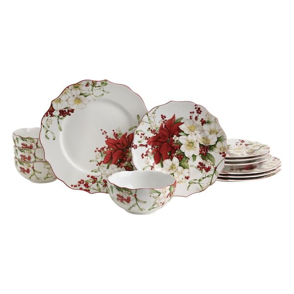 222 Fifth Winter Harmony 12-Piece Porcelain Dinnerware Set for 4, White ...