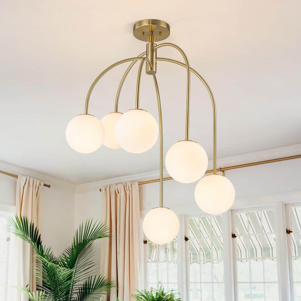 LLHZSY Lucie 6-Light 27.17 in. Brass Mid-Century Sputnik Semi-Flush ...