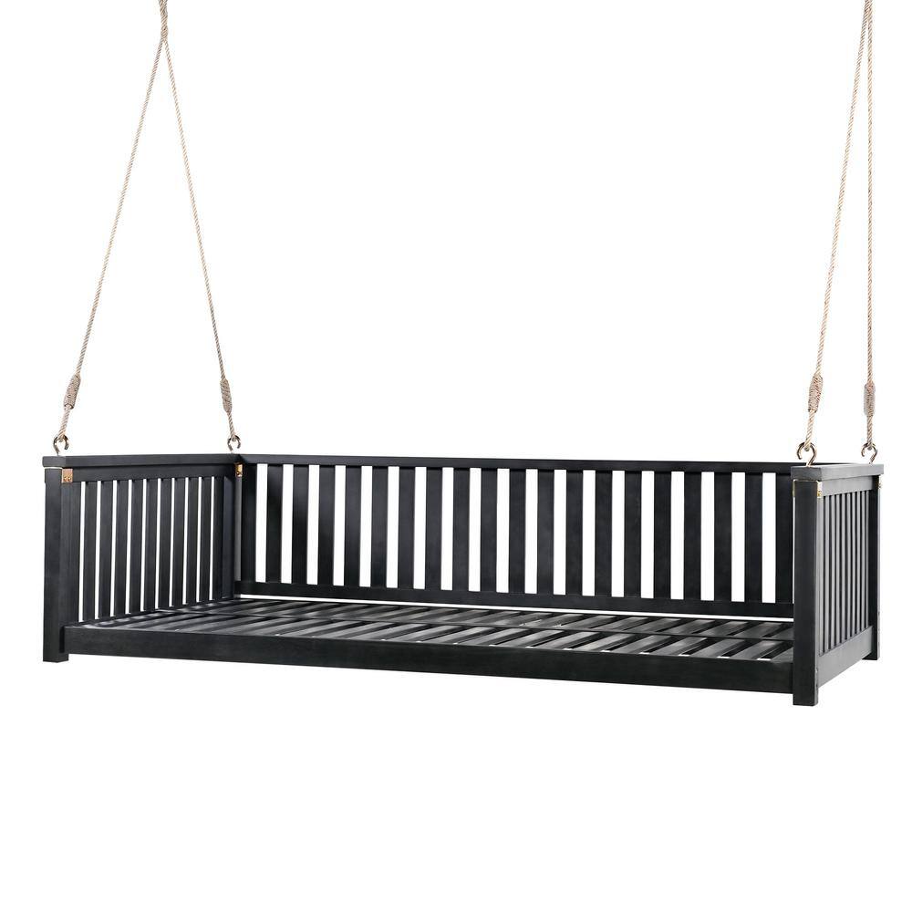URTR 2-Person Black Acacia Wood Porch Swing Twin Size Patio Swing Bed ...