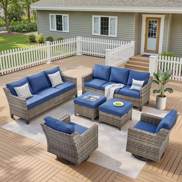 AMCLOBA 6-Piece Wicker Patio Conversation Set with Blue Cushions ...