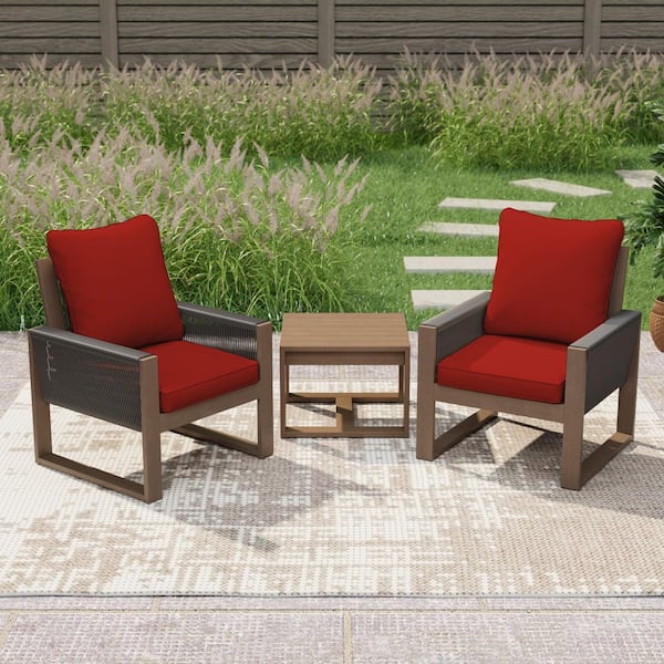 LATTOY 3-Pieces Wood Patio Conversation Set with Red Cushions HD2-E-FNJ ...