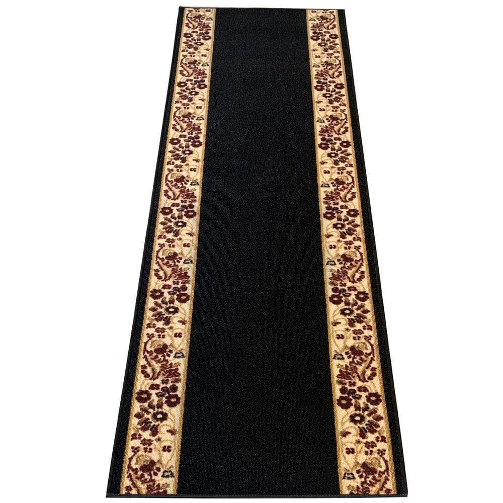 PLAYA RUG Flower Border Black 31 in. W x 24 ft. L RunnerRug/Stair ...