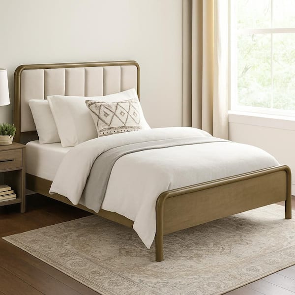 Benjara Deon Nutmeg Brown and Beige Hardwood Frame Queen Platform Bed with Tufted Upholstered ...