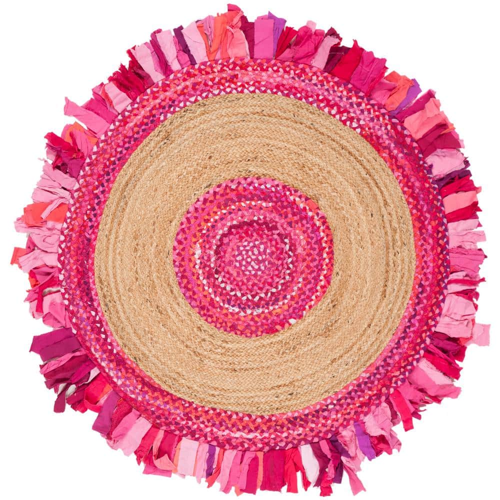 SAFAVIEH Cape Cod Pink/Natural 4 ft. x 4 ft. Round Striped Area Rug ...