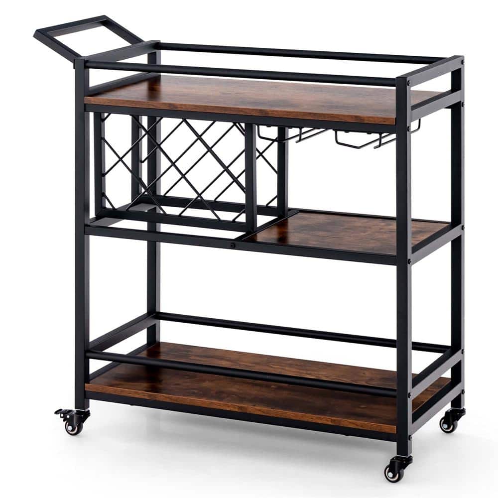 Costway Rustic Brown Kitchen Serving Cart with 3-tier Home Wine Rack ...