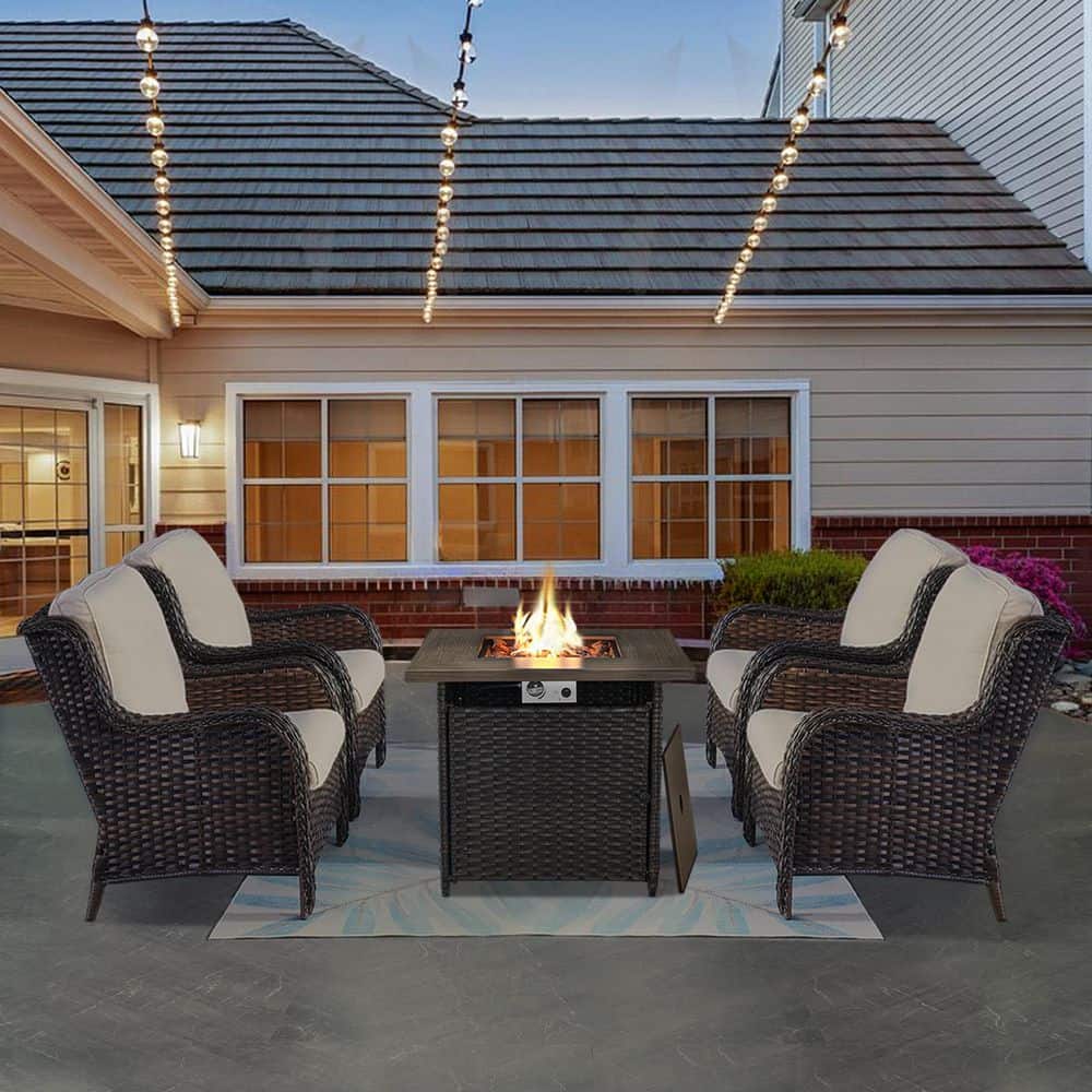 Pocassy 5 Piece Wicker Patio Chairs for 4 with 30 in. Gas Propane Fire ...