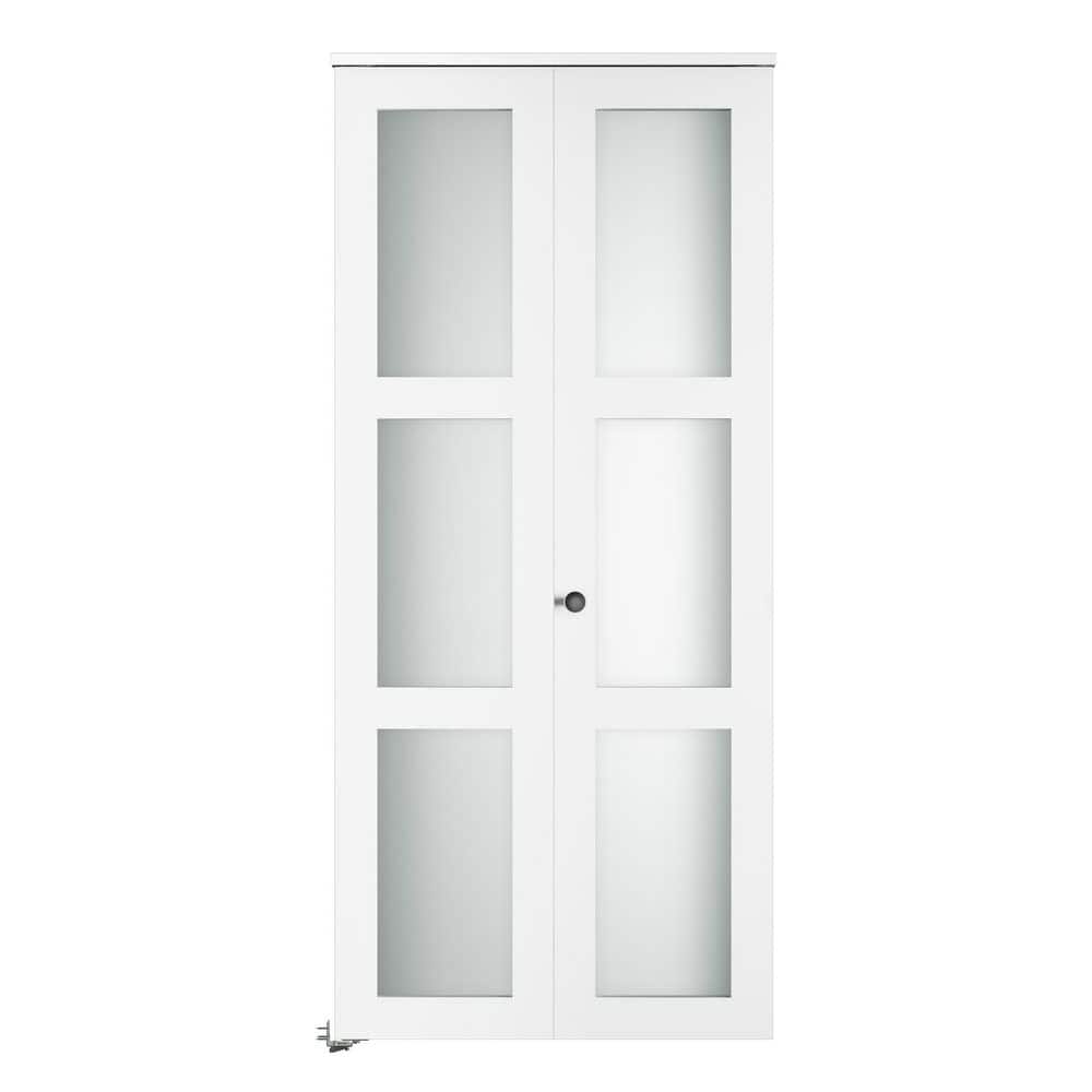 GOLDENPOLEY 32 in. x 78 in. 3-Lite Frosted Glass Solid Core White ...