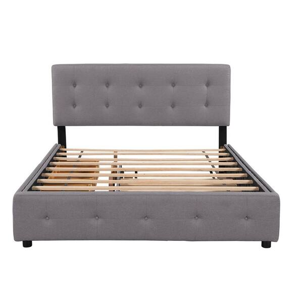 Qualler Light Gray Wood Frame Queen Upholstered Platform Bed with 2 ...