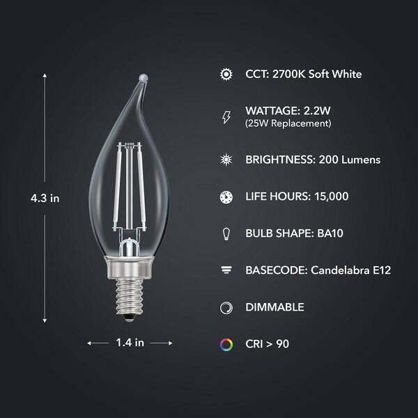 Feit Electric 25W Equivalent BA10 E12 Candelabra Dim White Filament ...