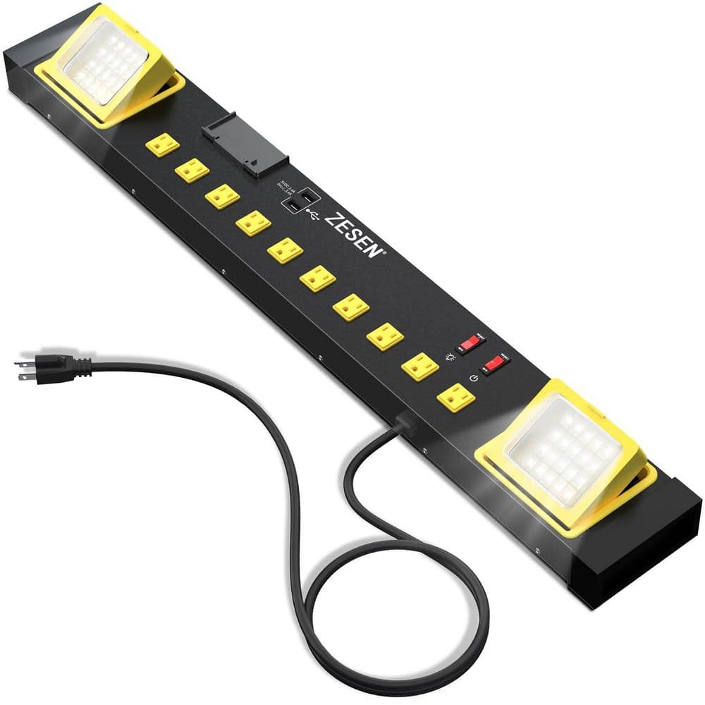 BIBIVIS 4 ft. 10-Outlet Metal Power Strip with LED Worklight 2-Port USB ...