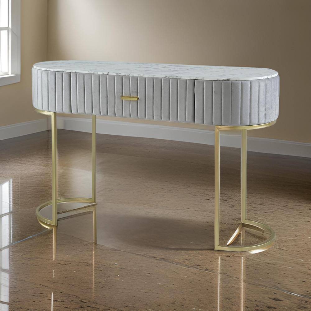 Benjara 47.2 in. Gray, Gold and White Oval Wooden Console Table with 1 ...