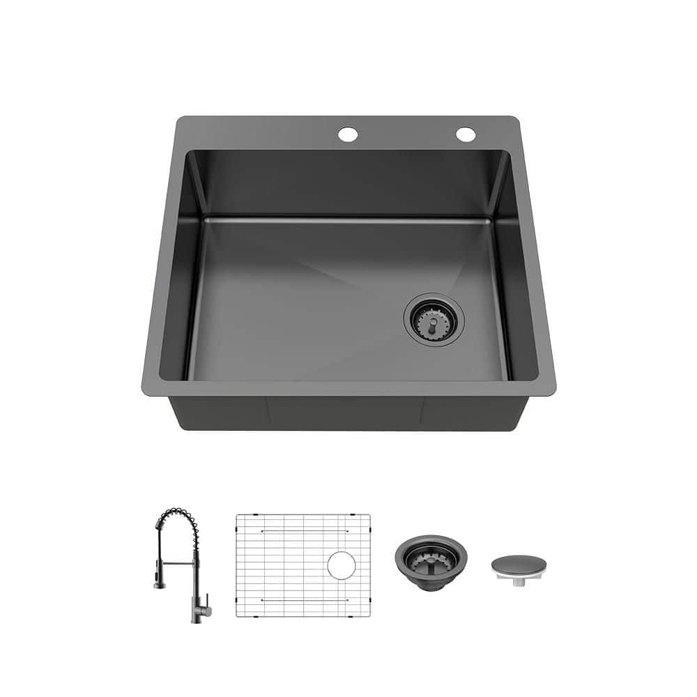 Glacier Bay 25 in. Drop-In Single Bowl 18-Gauge Gunmetal Black ...