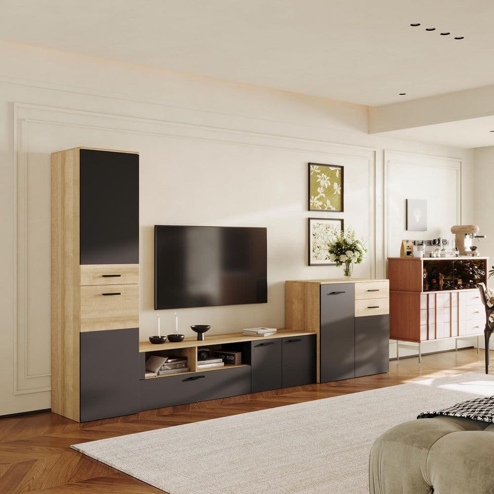 FUFU&GAGA Black and Oak Finish 72.2 in. Accent Cabinet Office Storage ...