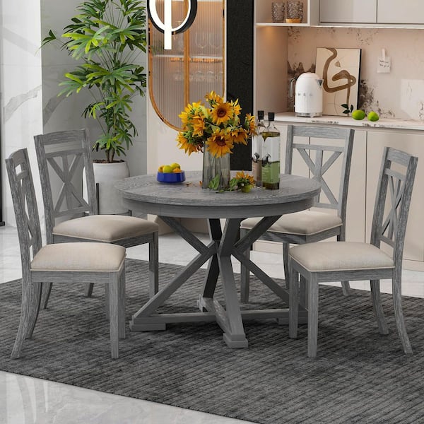 Nestfair 5 Piece Grey Wood Dining Set with Extendable Round Table and 4 ...