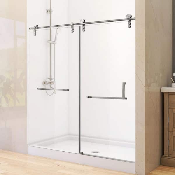 Getpro 56 to 60 in. W x 76 in. H Single Sliding Frameless Shower Door in Matte Black with 0.31 ...