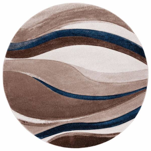 SAFAVIEH Hollywood Beige/Blue 5 ft. x 5 ft. Gradient Waves Round Area ...