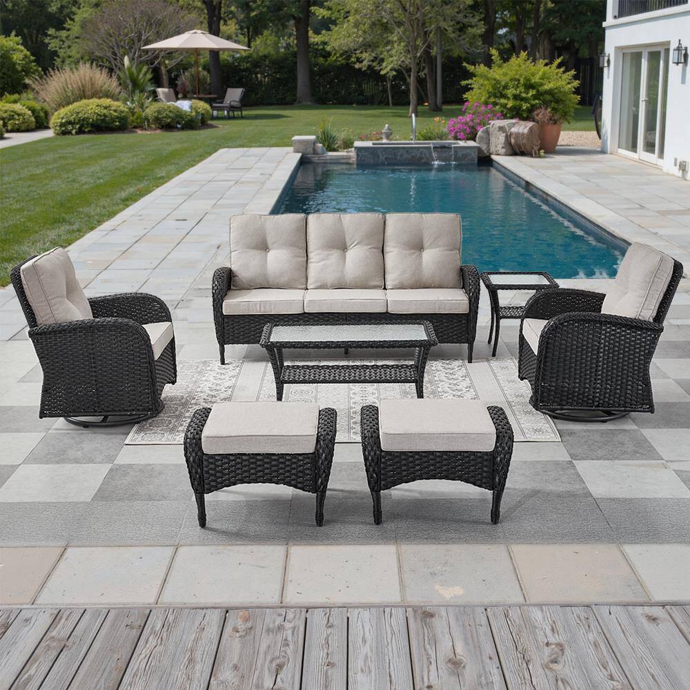 Pocassy HEIMI 7-Piece Black Wicker Patio Conversation Set with Beige ...