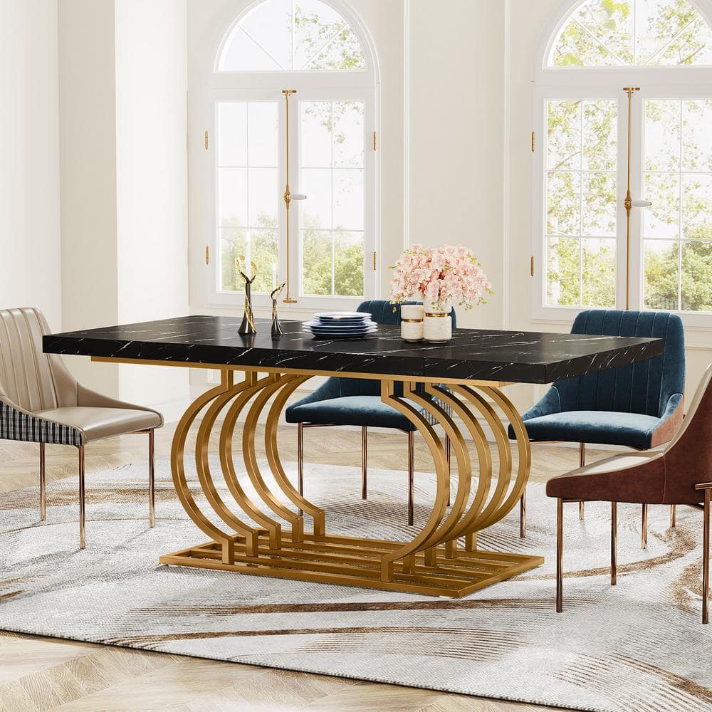 BYBLIGHT Modern Black Wood 63 in. Trestle Dining Table Seats 6 ...