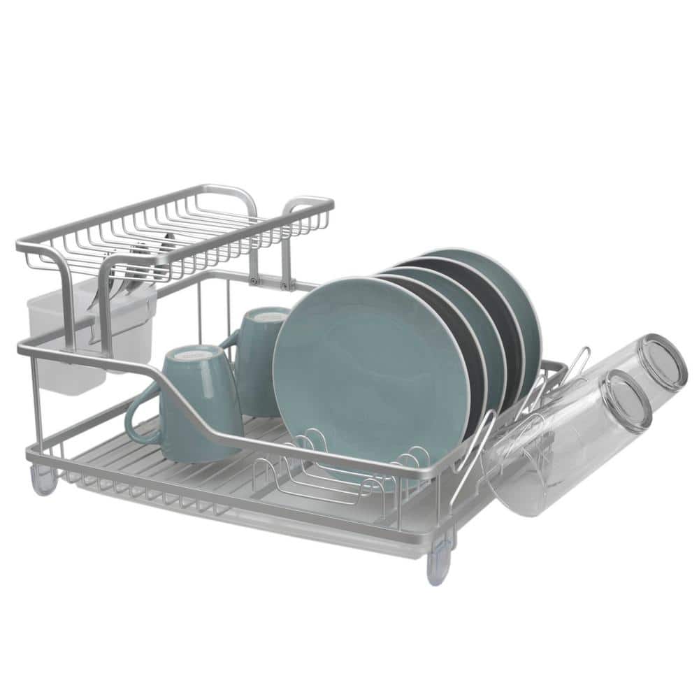 Home Basics Elevated Grey 2 Tier Aluminum Dish Rack with Soft Touch ...