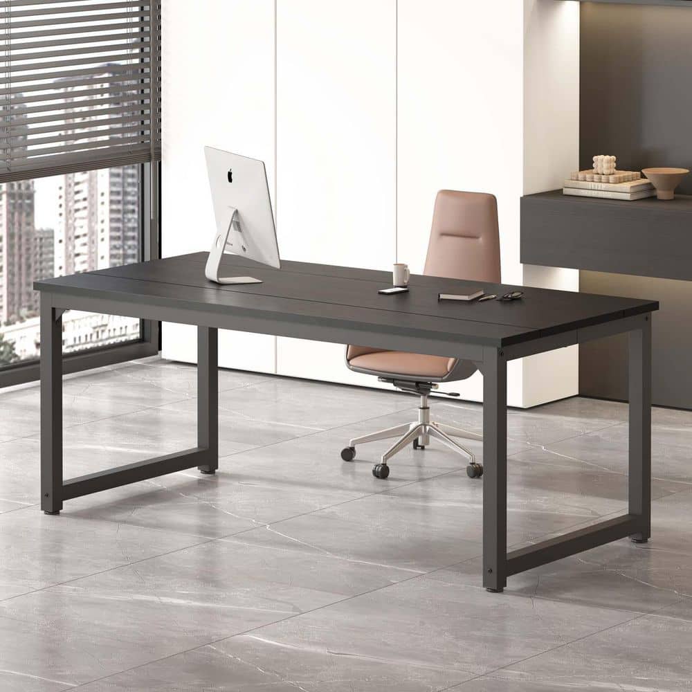 70.9 in. Black MDF Large Office Desk Modern Wide Computer Desk ...