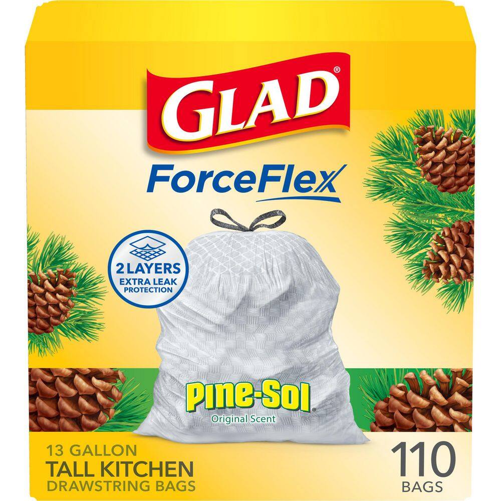 Glad 13 Gal. ForceFlex Tall Kitchen Drawstring Pine-Sol Original Scent ...