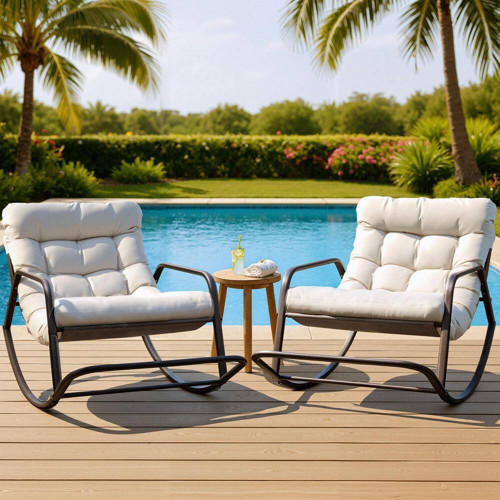 Oversized Brown Metal Outdoor Rocking Chair Papasan Lounge Chair with Beige Padded Cushion (2 ...