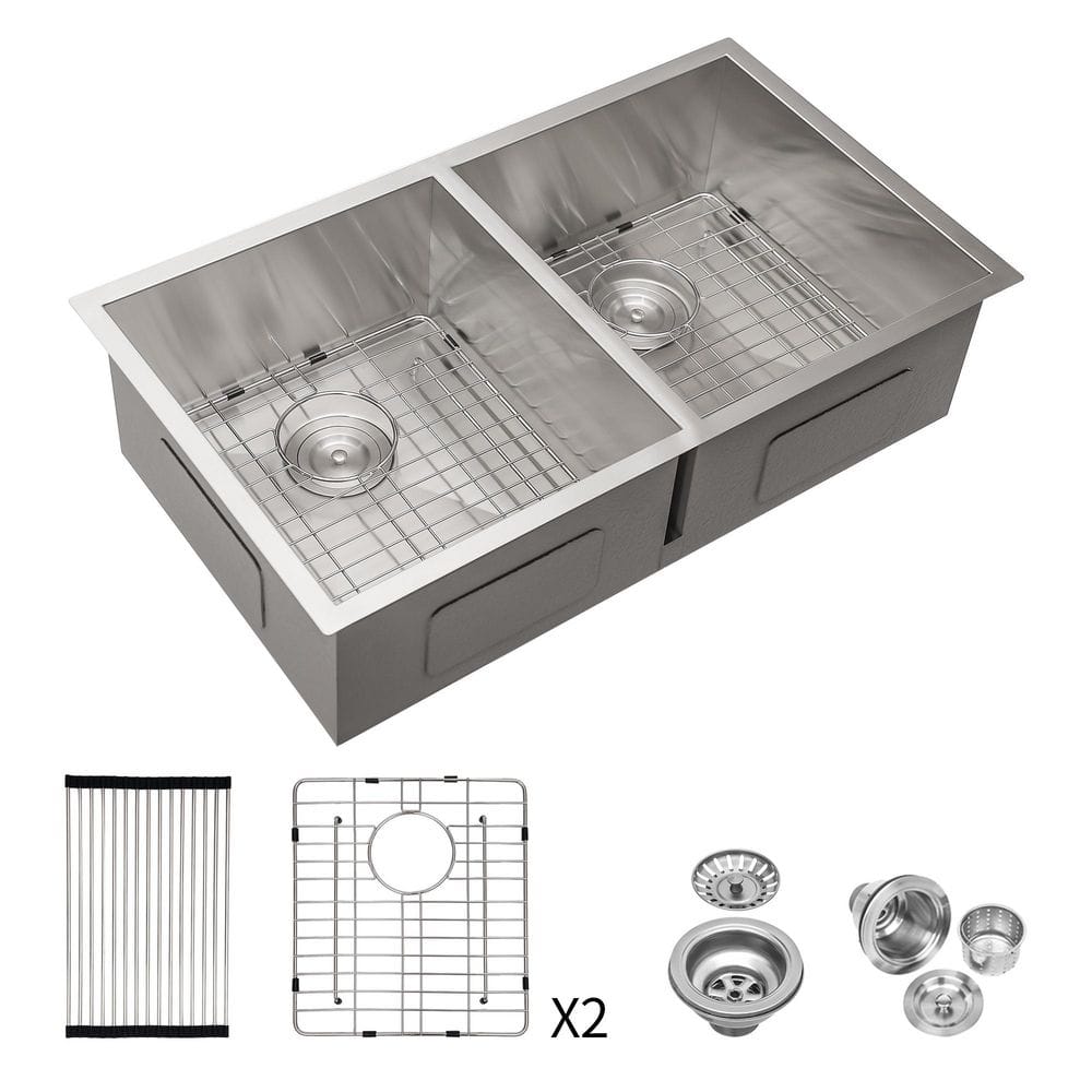 cadeninc Undermount Sink 32 in. x 18 in. Double Bowl (50/50) 16-Gauge ...