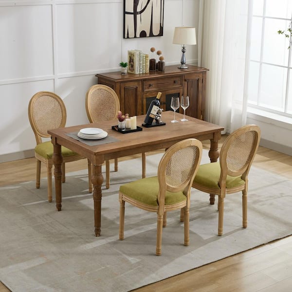 Clihome Olive Green Fabric Rattan Back Antique Solid Wood Dining Chair ...