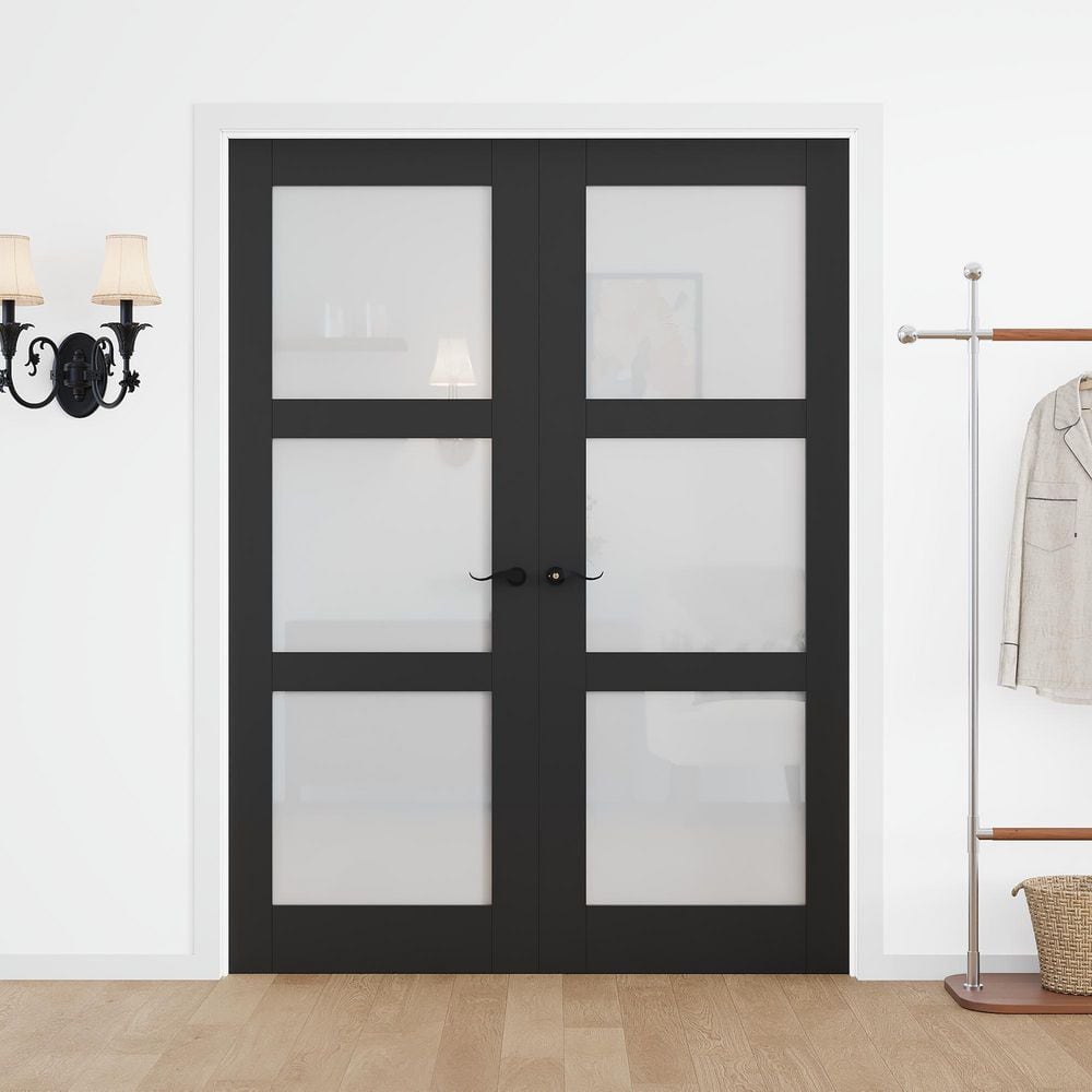 ARK DESIGN 60 in. x 80 in. Universal 3-Lite Frosted Glass Black Solid ...