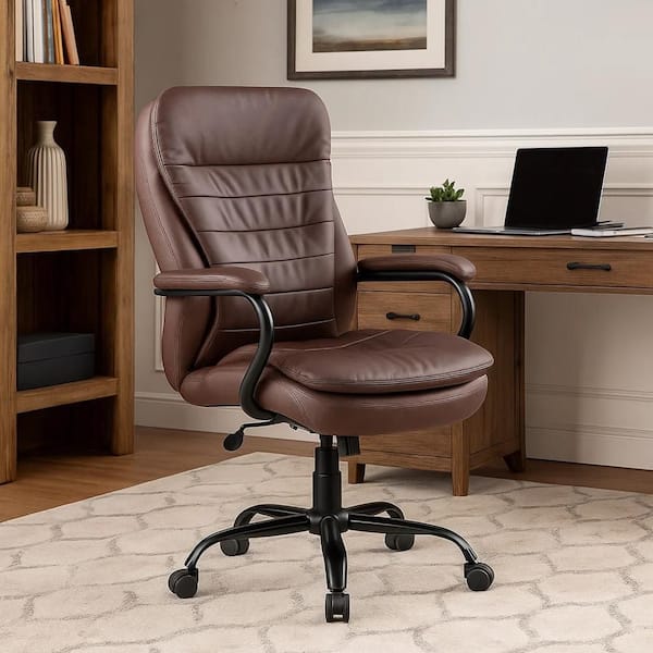 Benjara Ava Leather Rolling Task Chair in Bomber Brown and Black Arms ...