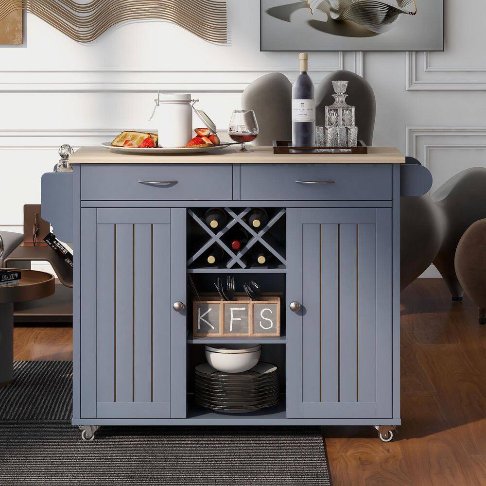 Tileon Blue Wooden Kitchen Island with 2-Drawer, Wine Rack and Towel ...