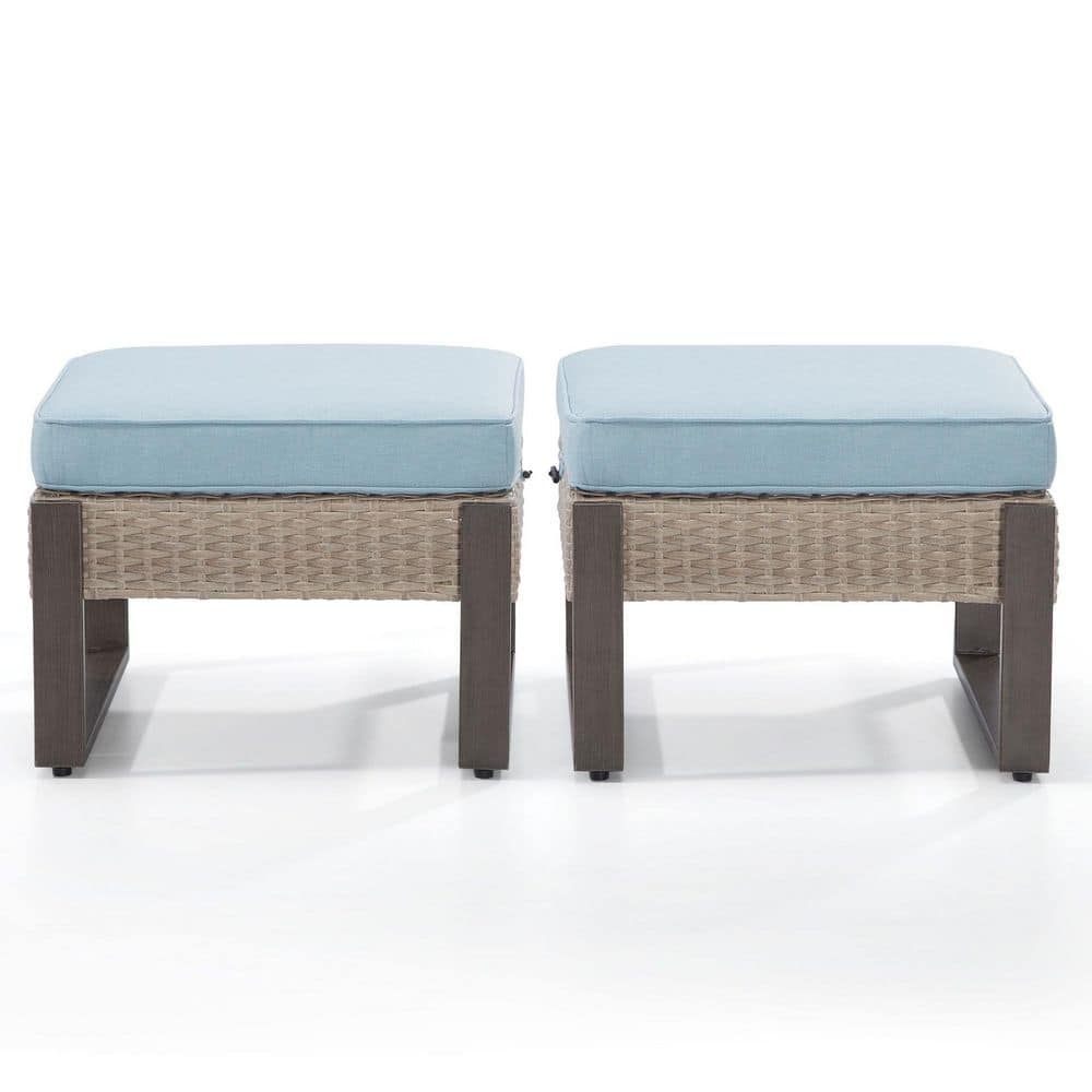 Brown Wicker Outdoor Patio Ottoman, All-Weather PE Rattan Footstools with Azure Cushions and ...