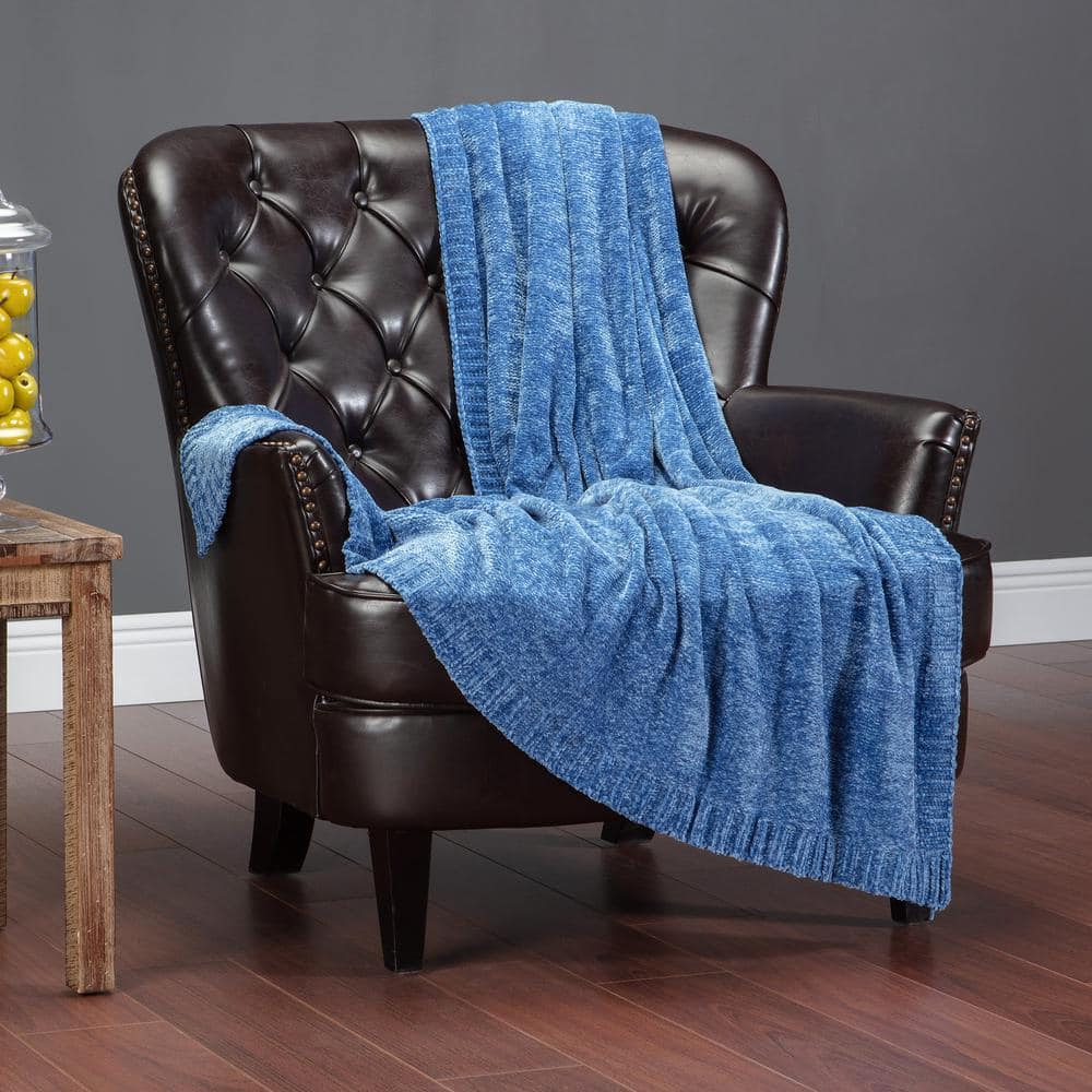 CHANASYA Chenille Blue Shimmery Textured Polyester Knit Throw Blanket ...