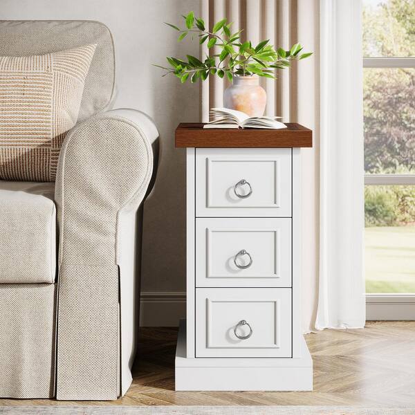 BYBLIGHT Kerlin 23.62 in. Walnut and White Rectangle Wood Side Table Cabinet Farmhouse End Table Nightstand with 3 Drawer BB XK00695HY The Home Depot