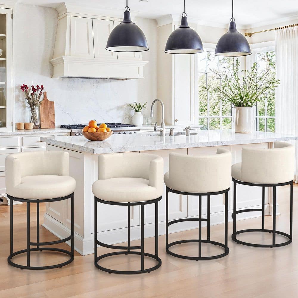 OrangeOne 34.7 in. Beige Linen Fabric Swivel Bar Stool Upholstered ...