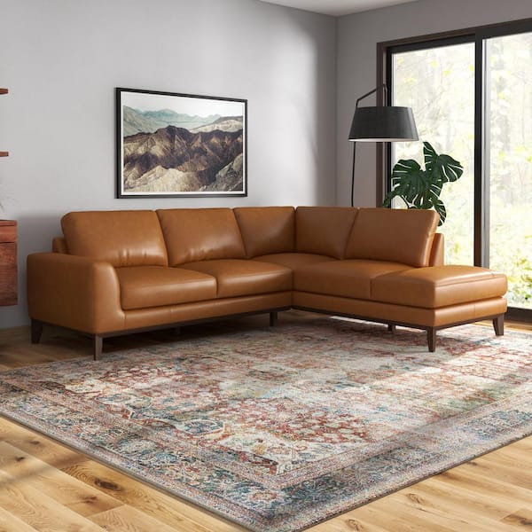 Ashcroft Furniture Co Marissa 97 in. W Square Arm 2 piece L Shaped Modern Right Facing Top Leather Corner Sectional Sofa in Brown Cognac Tan HMD00514