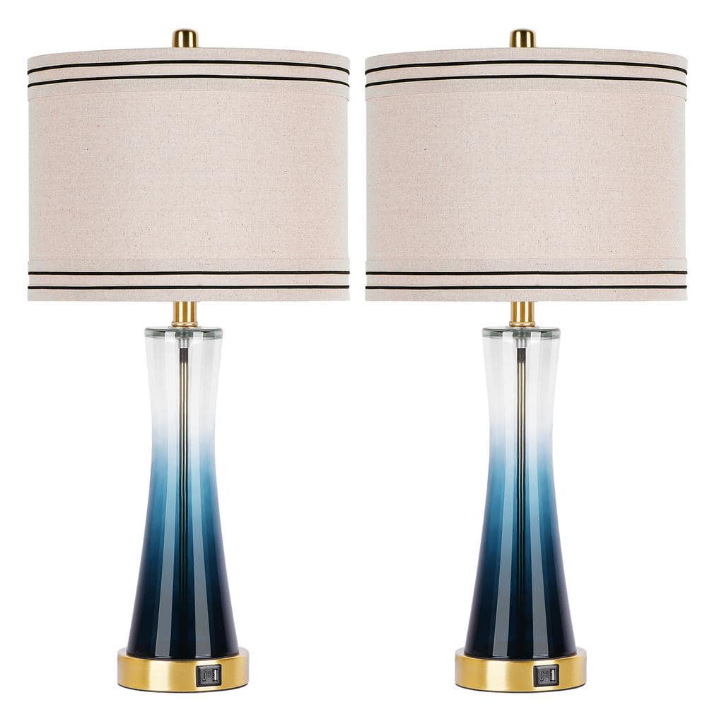 Myfoi 27.4 in. Blue Glass Table Lamps Set (Set of 2) with USB Ports 3 ...
