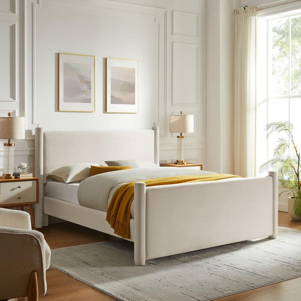 MODWAY Rael White Wood Frame King Platform Bed with Upholstered ...