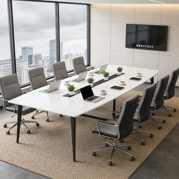 BYBLIGHT 94.48 in. L Rectangle White Wood Computer Desk, Large ...